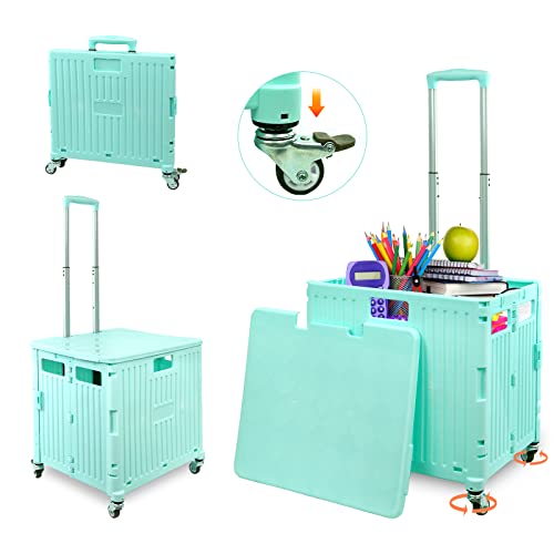 Foldable Utility Cart,Heavy Duty 4 Wheels Rolling Carts，Collapsible Crate Shopping Cart with Wheels Rolling Tote Basket Teacher Cart with Lid,Travel Shopping Moving Storage Office Use（Green）