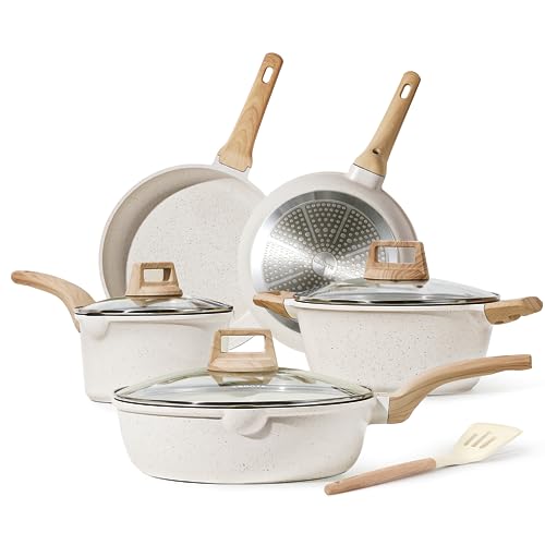 CAROTE Pots and Pans Set，Nonstick Cookware Sets Induction Cookware, White Granite 9 Pcs Non Stick Cooking Set w/Frying Pans & Saucepans(PFOS, PFOA Free)