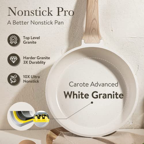 CAROTE Pots and Pans Set，Nonstick Cookware Sets Induction Cookware, White Granite 9 Pcs Non Stick Cooking Set w/Frying Pans & Saucepans(PFOS, PFOA Free)