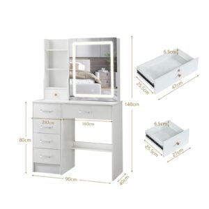 Hikooo Makeup Vaniy with LED Lights,Vanity with Lighted Mirror and Chair, Vanity Table with Lights and Drawers,Vanity Makeup Desk with Stool and Storage Shelves,Bedroom Furniture White