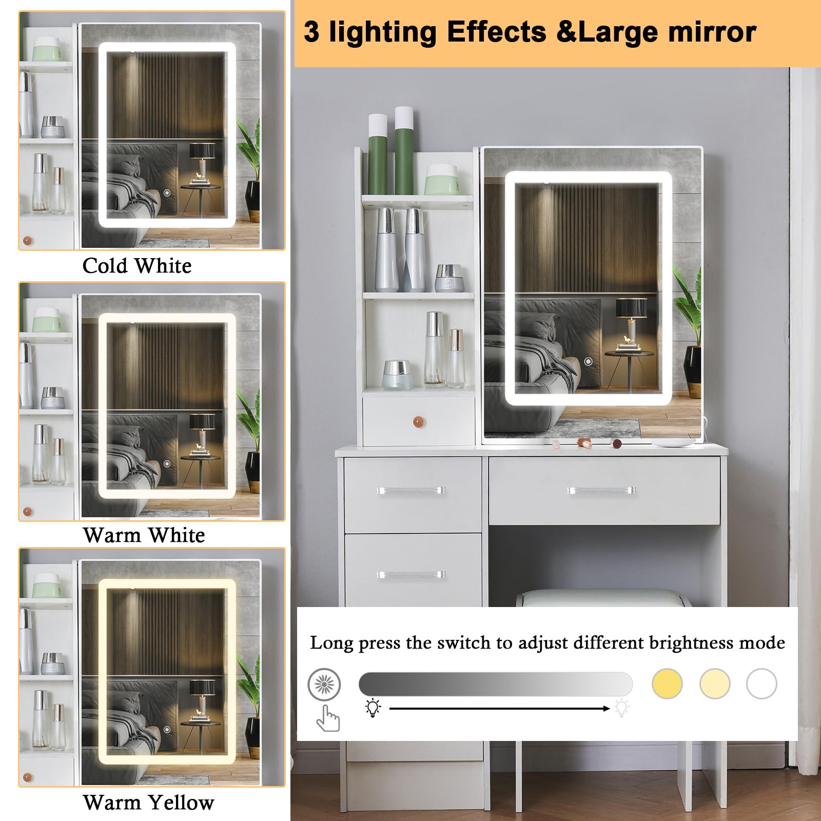 Hikooo Makeup Vaniy with LED Lights,Vanity with Lighted Mirror and Chair, Vanity Table with Lights and Drawers,Vanity Makeup Desk with Stool and Storage Shelves,Bedroom Furniture White