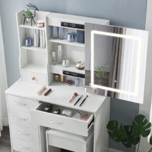 Hikooo Makeup Vaniy with LED Lights,Vanity with Lighted Mirror and Chair, Vanity Table with Lights and Drawers,Vanity Makeup Desk with Stool and Storage Shelves,Bedroom Furniture White