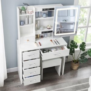 Hikooo Makeup Vaniy with LED Lights,Vanity with Lighted Mirror and Chair, Vanity Table with Lights and Drawers,Vanity Makeup Desk with Stool and Storage Shelves,Bedroom Furniture White