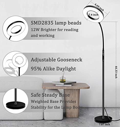 vividstarry Modern LED Floor Lamp with Remote & Touch Control, 2700K-6500K Bright Dimmable Floor Reading Lamp for Living Room/Bedroom/Office, Gooseneck Task Lights 10-100% Brightness Adjustable,Timer