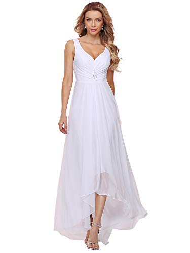 Ever-Pretty Women's V-Neck High-Low Hemline Decorative Brooch Simple Chiffon Wedding Dress White US4