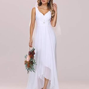 Ever-Pretty Women's V-Neck High-Low Hemline Decorative Brooch Simple Chiffon Wedding Dress White US4