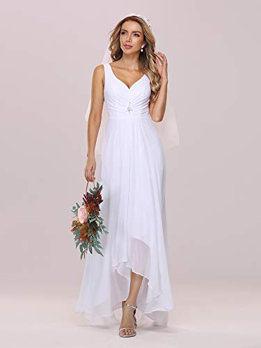 Ever-Pretty Women's V-Neck High-Low Hemline Decorative Brooch Simple Chiffon Wedding Dress White US4