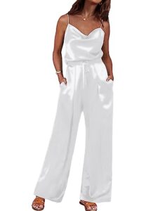 ekouaer satin pjs for women set comfy cami lounge set cowl neck silk top wide leg long pants set summer outfits white,small