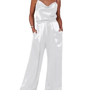 Ekouaer Satin Pjs for Women Set Comfy Cami Lounge Set Cowl Neck Silk Top Wide Leg Long Pants Set Summer Outfits White,Small