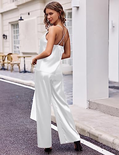 Ekouaer Satin Pjs for Women Set Comfy Cami Lounge Set Cowl Neck Silk Top Wide Leg Long Pants Set Summer Outfits White,Small