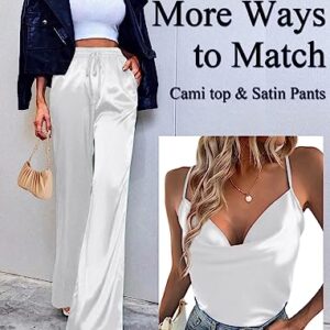 Ekouaer Satin Pjs for Women Set Comfy Cami Lounge Set Cowl Neck Silk Top Wide Leg Long Pants Set Summer Outfits White,Small