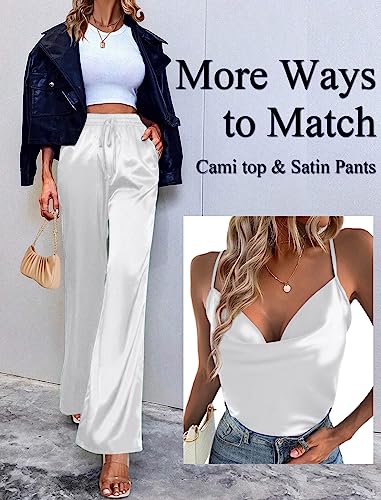 Ekouaer Satin Pjs for Women Set Comfy Cami Lounge Set Cowl Neck Silk Top Wide Leg Long Pants Set Summer Outfits White,Small