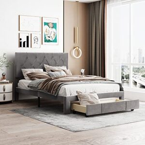 yuihome full size velvet upholstered platform bed with a big storage drawer and classic upholstered headboard, no box spring needed,gray