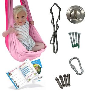 efitome sensory swing for kids indoor ceiling/outdoor tree hanging kit - therapeutic swing for autism, adhd & aspergers - two tone pink compression swing - all hardware included