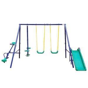 hookung swing set for backyard outdoor heavy duty a-frame metal playset with seesaw, 2 swings, slide and glider for kids toddlers