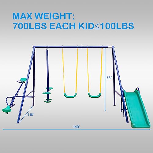 HooKung Swing Set for Backyard Outdoor Heavy Duty A-Frame Metal Playset with Seesaw, 2 Swings, Slide and Glider for Kids Toddlers