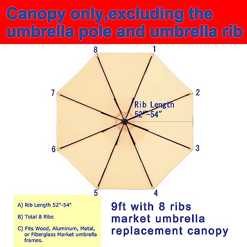 Amzbear Patio Umbrella 9 ft Replacement Canopy for 8 Rib，Patio Umbrella Replacement Canopy Market Umbrella Top Fit Outdoor Umbrella Canopy（Only the top cover） (Beige, 9ft-8 Ribs)