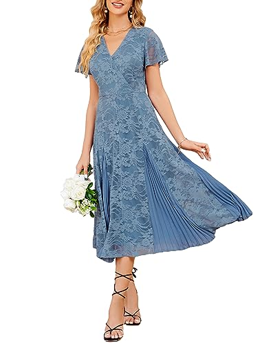 Women's Lace Formal Dress Elegant Classy Pleated A Line Fit and Flare Midi Dresses Blue