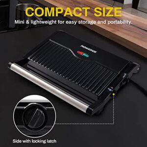 MONXOOK Panini Press Sandwich Maker, Non-Stick Coated Plates (9.06INx5.63IN), Opens 180 Degrees, 1000W Sandwich Press, Contact Indoor Grill with Locking Lid, Black