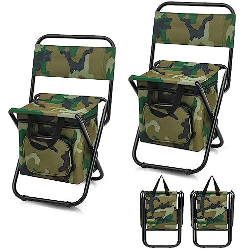 Jerify 2 Pcs Foldable Fishing Chair with Cooler Bag Portable Backrest Fishing Stool Lightweight Outdoor Folding Chair for Fishing Hunting Beach Camping Seat (Camo Color)