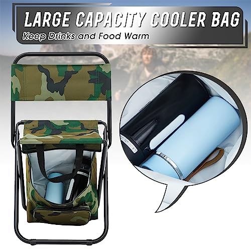 Jerify 2 Pcs Foldable Fishing Chair with Cooler Bag Portable Backrest Fishing Stool Lightweight Outdoor Folding Chair for Fishing Hunting Beach Camping Seat (Camo Color)