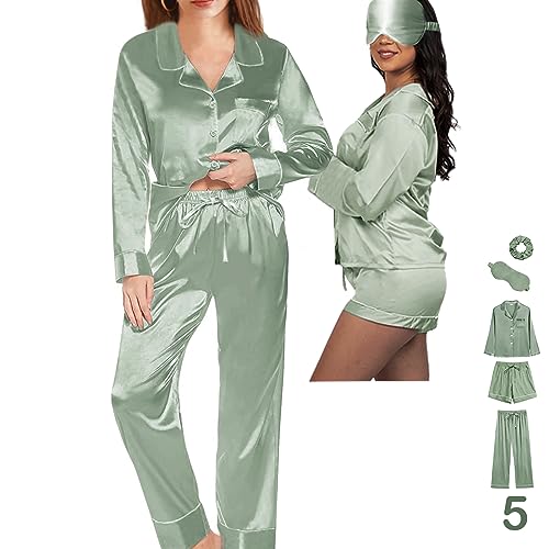 WJing Yi Jia 5Pcs Womens Silk Satin Pajamas Sets Long Pj Sets Button Down Pjs Set Sleepwear