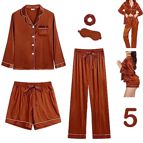 WJing Yi Jia 5Pcs Womens Silk Satin Pajamas Sets Long Pj Sets Button Down Pjs Set Sleepwear