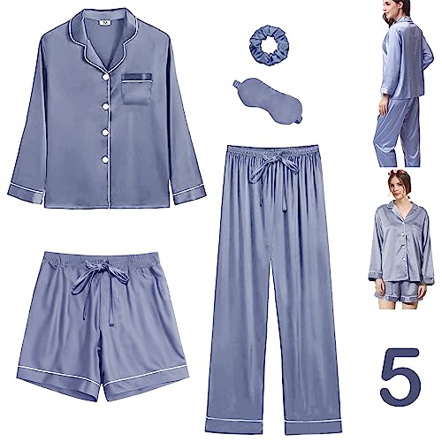 WJing Yi Jia 5Pcs Womens Silk Satin Pajamas Sets Long Pj Sets Button Down Pjs Set Sleepwear