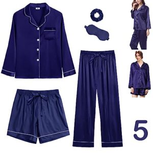 WJing Yi Jia 5Pcs Womens Silk Satin Pajamas Sets Long Pj Sets Button Down Pjs Set Sleepwear