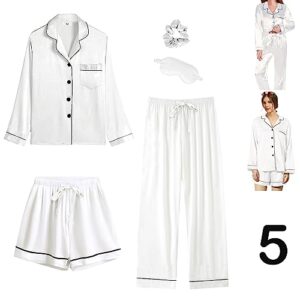 WJing Yi Jia 5Pcs Womens Silk Satin Pajamas Sets Long Pj Sets Button Down Pjs Set Sleepwear