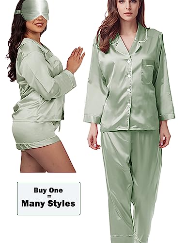 WJing Yi Jia 5Pcs Womens Silk Satin Pajamas Sets Long Pj Sets Button Down Pjs Set Sleepwear