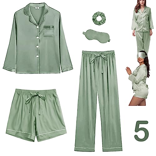 WJing Yi Jia 5Pcs Womens Silk Satin Pajamas Sets Long Pj Sets Button Down Pjs Set Sleepwear