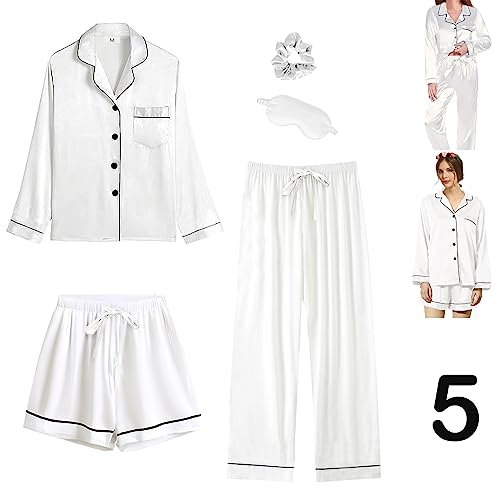 WJing Yi Jia 5Pcs Womens Silk Satin Pajamas Sets Long Pj Sets Button Down Pjs Set Sleepwear White