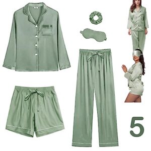 WJing Yi Jia 5Pcs Womens Silk Satin Pajamas Sets Long Pj Sets Button Down Pjs Set Sleepwear White