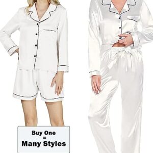 WJing Yi Jia 5Pcs Womens Silk Satin Pajamas Sets Long Pj Sets Button Down Pjs Set Sleepwear White