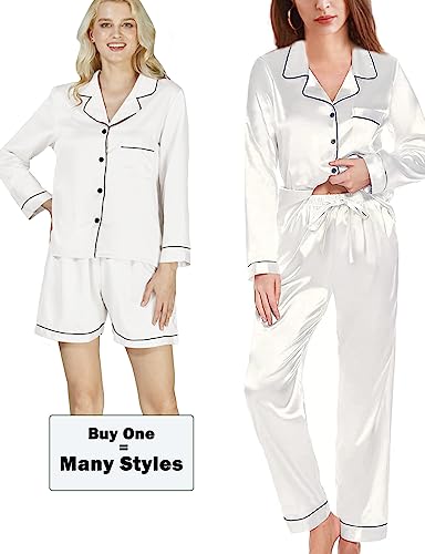 WJing Yi Jia 5Pcs Womens Silk Satin Pajamas Sets Long Pj Sets Button Down Pjs Set Sleepwear White