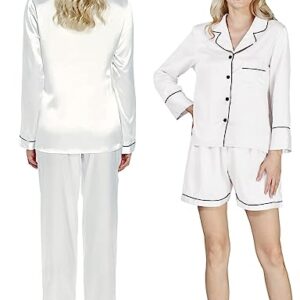 WJing Yi Jia 5Pcs Womens Silk Satin Pajamas Sets Long Pj Sets Button Down Pjs Set Sleepwear White