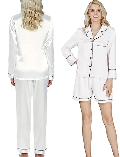 WJing Yi Jia 5Pcs Womens Silk Satin Pajamas Sets Long Pj Sets Button Down Pjs Set Sleepwear White