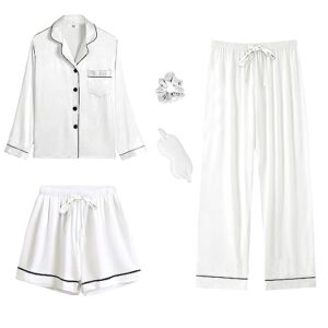 WJing Yi Jia 5Pcs Womens Silk Satin Pajamas Sets Long Pj Sets Button Down Pjs Set Sleepwear White