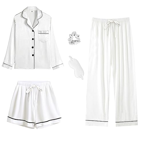 WJing Yi Jia 5Pcs Womens Silk Satin Pajamas Sets Long Pj Sets Button Down Pjs Set Sleepwear White