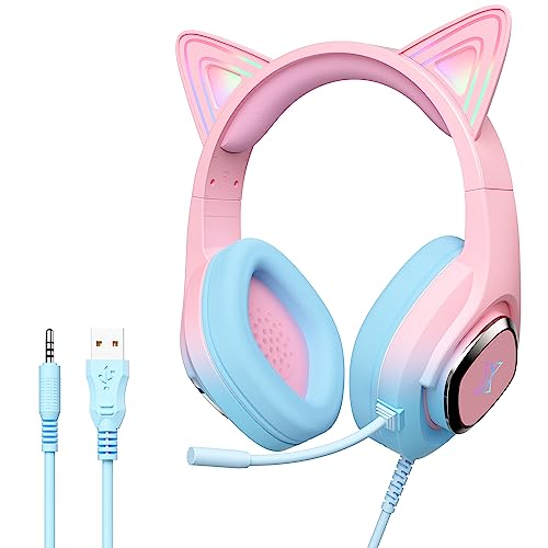 Mytrix Cat Ear Gaming Headset Compatible with PS4, PS5, Xbox, PC, MAC, Switch, Gradient Pink Blue Wired Gaming Headphones with 360° Rotation Microphone, Surround Sound, Soft Earmuff, RGB Light Effect