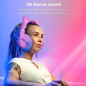 Mytrix Cat Ear Gaming Headset Compatible with PS4, PS5, Xbox, PC, MAC, Switch, Gradient Pink Blue Wired Gaming Headphones with 360° Rotation Microphone, Surround Sound, Soft Earmuff, RGB Light Effect