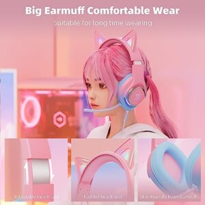 Mytrix Cat Ear Gaming Headset Compatible with PS4, PS5, Xbox, PC, MAC, Switch, Gradient Pink Blue Wired Gaming Headphones with 360° Rotation Microphone, Surround Sound, Soft Earmuff, RGB Light Effect