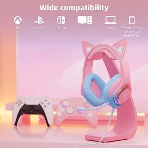 Mytrix Cat Ear Gaming Headset Compatible with PS4, PS5, Xbox, PC, MAC, Switch, Gradient Pink Blue Wired Gaming Headphones with 360° Rotation Microphone, Surround Sound, Soft Earmuff, RGB Light Effect