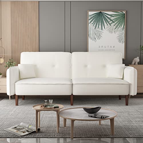 Futon Sofa Bed, Upholstered Convertible Folding Sleeper Sofa Bed with Armrests, Loveseat, Modern Futon Couch for Living Room, Bedroom, 2 Pillows, Solid Wood Legs,75" L x 31" W x 30" H (White)