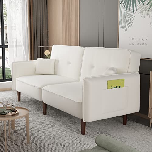 Futon Sofa Bed, Upholstered Convertible Folding Sleeper Sofa Bed with Armrests, Loveseat, Modern Futon Couch for Living Room, Bedroom, 2 Pillows, Solid Wood Legs,75" L x 31" W x 30" H (White)