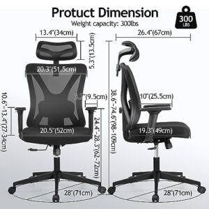 KERDOM Ergonomic Office Chair Gaming Chair Swivel Computer Desk Chair, Breathable Mesh High Back Task Chair with Adjustable Lumbar Support, 3D Armrests and Headrest Black