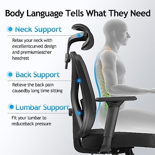 KERDOM Ergonomic Office Chair Gaming Chair Swivel Computer Desk Chair, Breathable Mesh High Back Task Chair with Adjustable Lumbar Support, 3D Armrests and Headrest Black