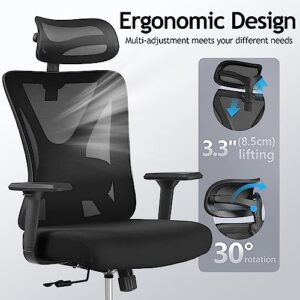 KERDOM Ergonomic Office Chair Gaming Chair Swivel Computer Desk Chair, Breathable Mesh High Back Task Chair with Adjustable Lumbar Support, 3D Armrests and Headrest Black