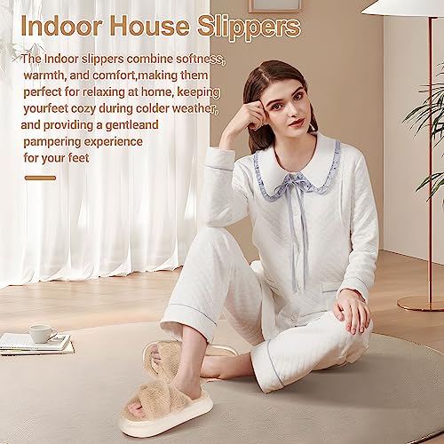 SOSUSHOE Womens Slippers Fluffy Slippers Ultra Comfy Open Toe House Slippers Memory Foam Non-slip Indoor Outdoor Slippers Fuzzy Slippers Soft Thick Sole,Khaki